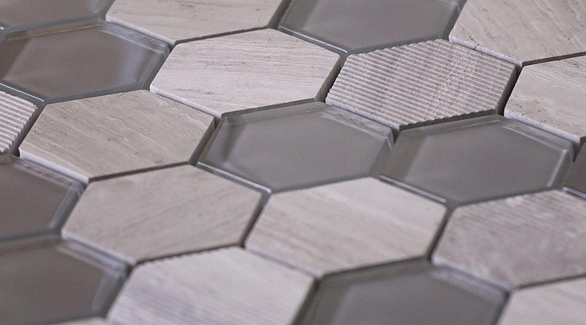 Textured Wooden Beige And Glass Hexagon Mosaic Tile | Tile Club