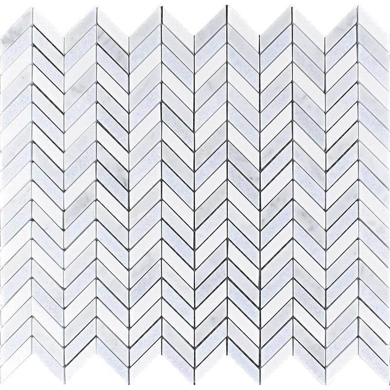 Thassos Carrara And Azul Cielo Mini Chevron Marble Mosaic Tile Sample ...