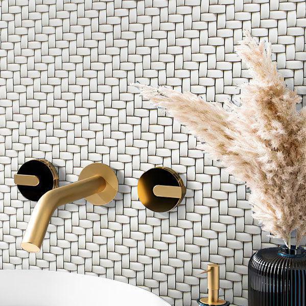 White Recycled Glass Basket Weave Mosaic Tile | Tile Club