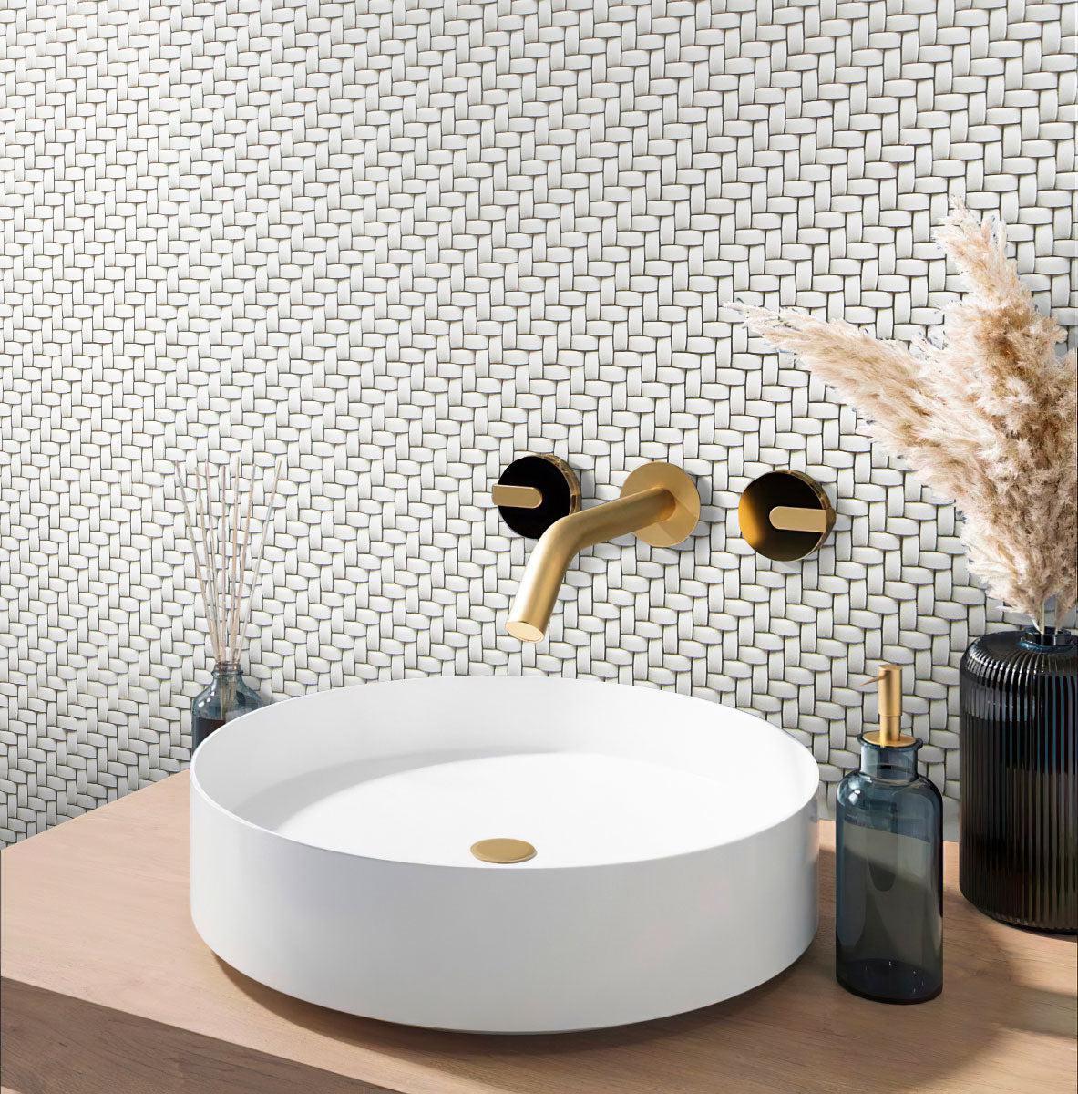 White Recycled Glass Basket Weave Mosaic Tile | Online Tile Store with ...
