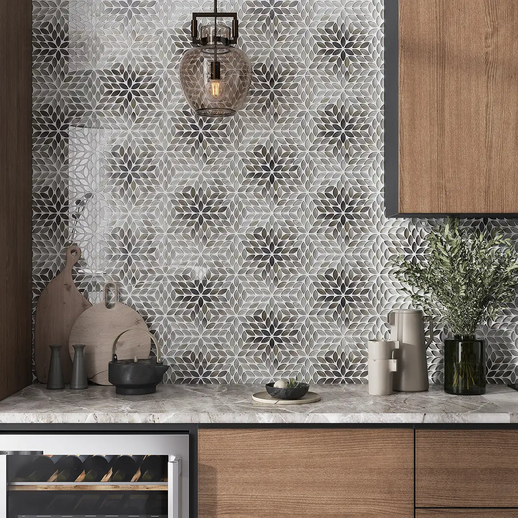 Wildflower Petals Gray Glass Mosaic Tile | Tile Club