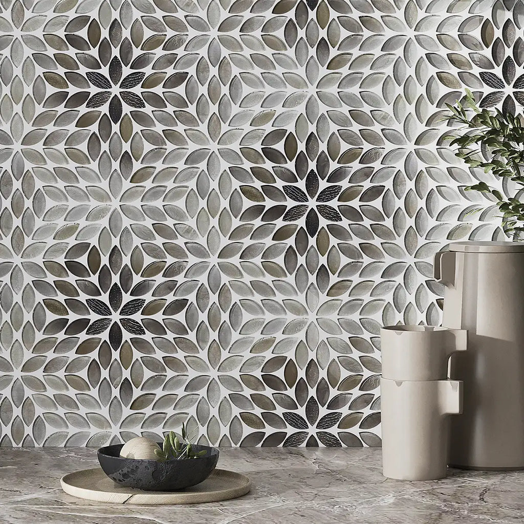 Wildflower Petals Gray Glass Mosaic Tile | Tile Club
