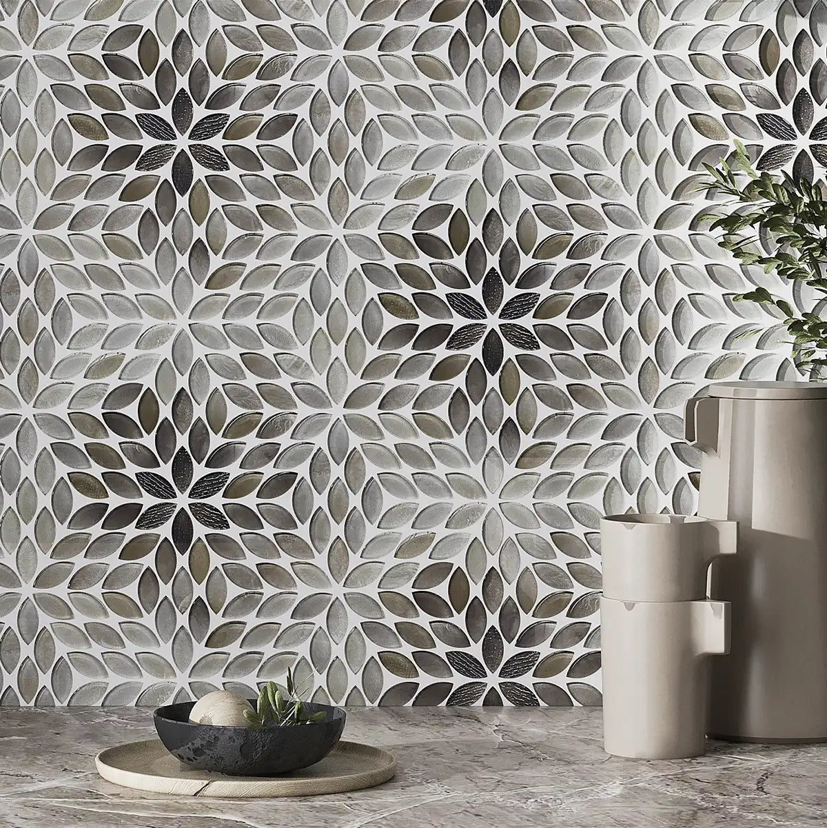 Wildflower Petals Gray Glass Mosaic Tile | Tile Club